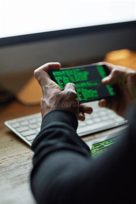 Coding Phone Screen And Man Hands For Software Data Crack Password And Hacking Internet For