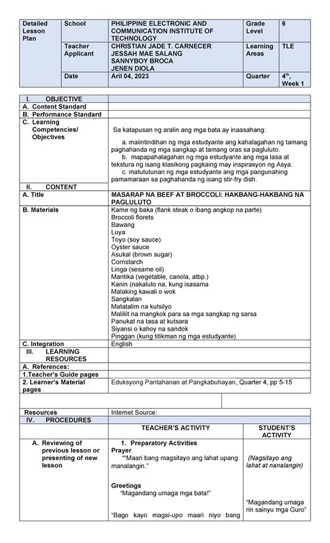 Tle Lp April 1 Detailed Lesson Plan School Philippine Electronic And Communication Institute