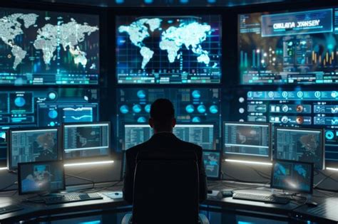 a tech professional monitors global data streams from multiple screens