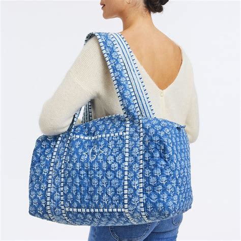 Block Print Quilted Overnighter Blue Flower Quilted Cotton Shoulder