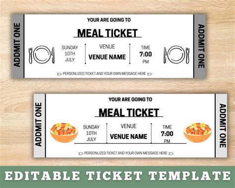 Editable Meal Ticket Template Printable Food Voucher Party Favor