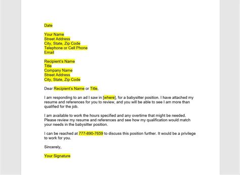 Carta de presentación de niñera Plantilla de palabras de carta de presentación Carta de