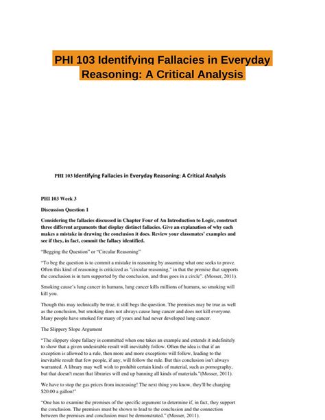 Phi 103 Identifying Fallacies In Everyday Reasoning A Critical Analysis Solved Assignments