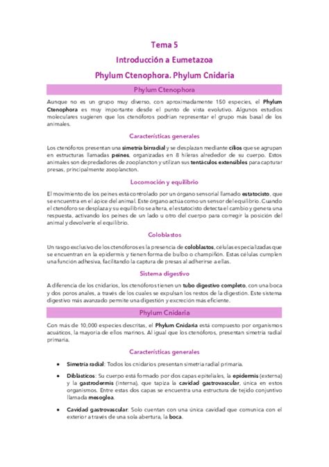 Tema 5 Introducción A Eumetazoa Phylum Ctenophora Phylum Cnidaria Pdf