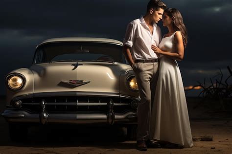 Premium Photo Inseparable Duo Posing With Sleek White Chevrolet Coupe