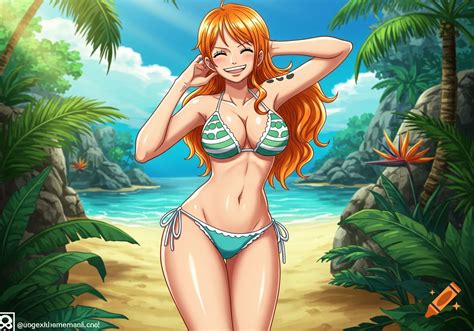 Nami From One Piece In A Bikini On A Tropical Beach In Anime Style On