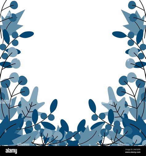 Frame Of Twigs And Leaves With Bottom And Side Borders In Trendy Blue Design Concept For