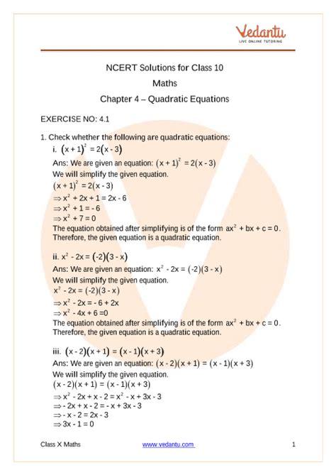 Ncert Solutions For Class 10 Maths Chapter 4 Quadratic Equations Ex 4