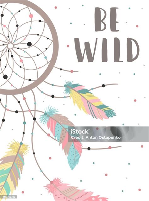 Boho 스타일 화려한 깃털과 함께 점에서 악마의 벡터 이미지 단어 수 야생 아기 카드 전단지 포스터 지문 휴가 자녀에 대 한 국가 미국 모티브 하 여 손으로 그린 일러스트