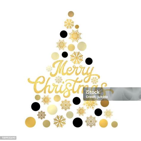 골드 반짝이는 질감 손 글자 디자인흰색 배경에 고립 된 크리스마스 트리 황금 원과 눈송이 세련된 Xmas 카드 계절 인사말 벡터 카드입니다 글꼴 그림입니다 검은색에 대한