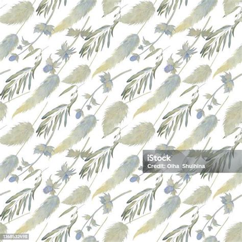 말린 꽃 은 원활한 수채화 패턴 팜파 잔디와 올리브 가지의 보호 손으로 그린 그림 베이지 색 톤의 꽃 장식 직물과 벽지에 인쇄 식물 배경 보헤미아에 대한 스톡 벡터 아트 및