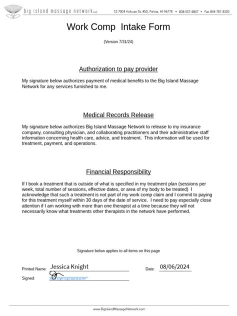 Work Comp Massage Intake And Policy Form Pdf Massage Therapy