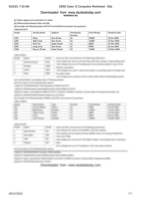 Solution Cbse Class 12 Computers Worksheet Sql Studypool