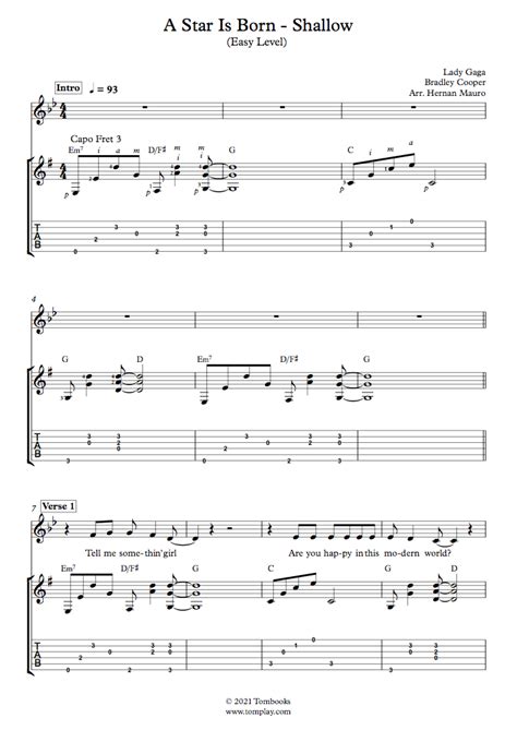 A Star Is Born Shallow Easy Level Accompaniment Guitar Lady Gaga