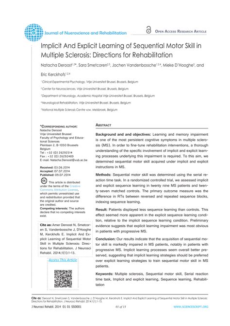Pdf Implicit And Explicit Learning Of Sequential Motor Skill In Multiple Sclerosis Directions