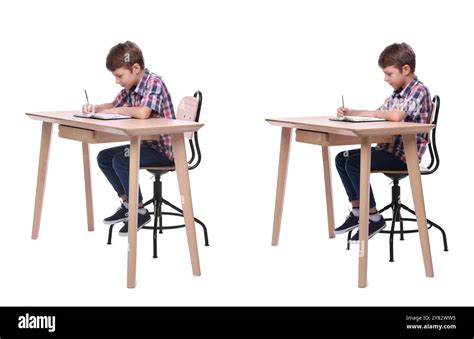 Good And Bad Posture Collage Boy Writing In Notebook At Wooden Desk