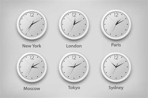 벡터 3d 현실적인 흰 벽 사무실 시계 다른 도시의 시간대 설정 벽시계 시간대의 흰색 다이얼 디자인 템플릿 브랜딩을 위한 근접 촬영 모형 광고 상단 전면 보기 프리미엄 벡터