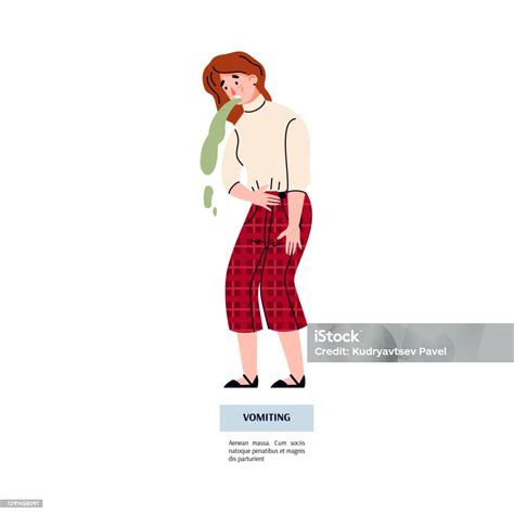 Cartoon Female Vomiting Sick Woman With Nausea And Vomit Symptoms Stock