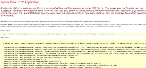 sql server web application network or sql error when trying to launch