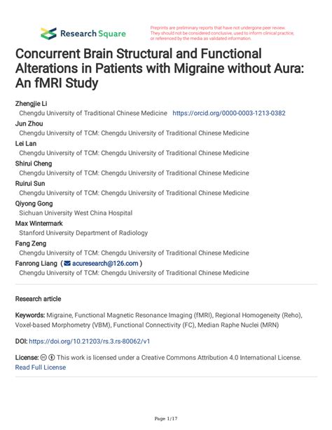 Pdf Concurrent Brain Structural And Functional Alterations In Patients With Migraine Without
