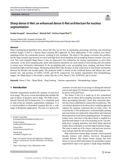 Sharp Dense U Net An Enhanced Dense U Net Architecture For Nucleus Segmentation Request Pdf
