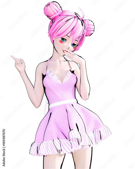3d Sexy Anime Doll Girl Big Blue Eyes And Bright Makeup Pink Dress