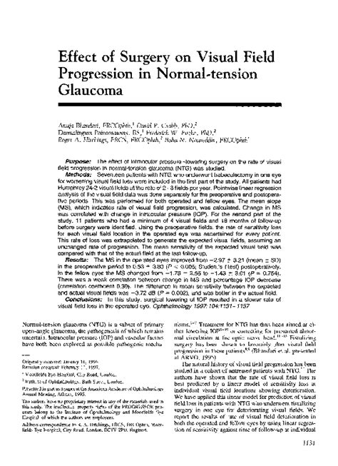 Pdf Effect Of Surgery On Visual Field Progression In Normal Tension Glaucoma