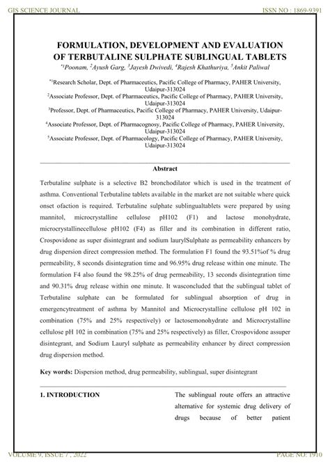 Pdf Formulation Development And Evaluation Of Terbutaline Sulphate Sublingual Tablets