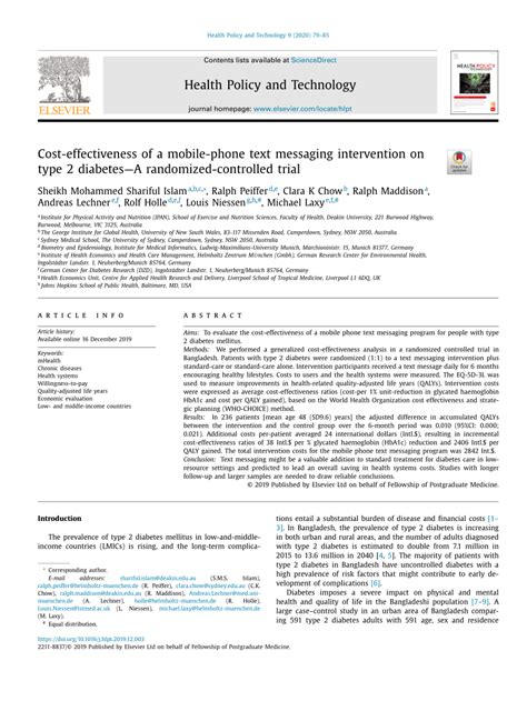 Pdf Cost Effectiveness Of A Mobile Phone Text Messaging Intervention On Type 2 Diabetes—a