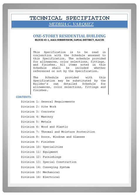 Technical Specification For One Storey Residential Building Studocu