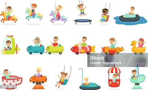 놀이 공원에서 즐거운 시간을 보내는 어린이 라벨 디자인 세트 만화 상세한 다채로운 일러스트 귀여운에 대한 스톡 벡터 아트 및 기타 이미지 Istock