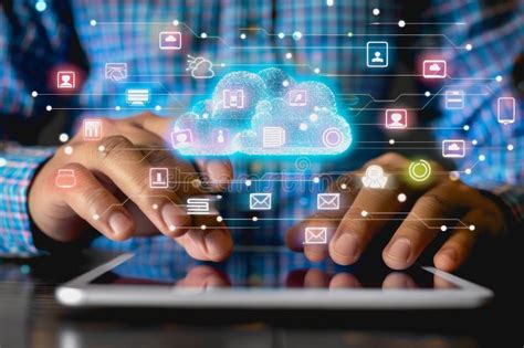 Person Interacting With Futuristic Cloud Interface Surrounded By Person Interacting With Futuristic Cloud Interface Surrounded By