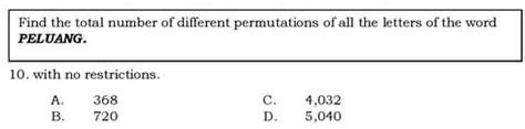 Solved: Find the total number of different permutations of all the letters of the word PELUANG ...