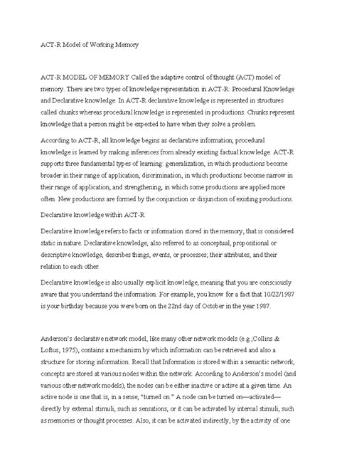 Act R Model Notes Cognitive Act R Model Of Working Memory Act R Model Of Memory Called The