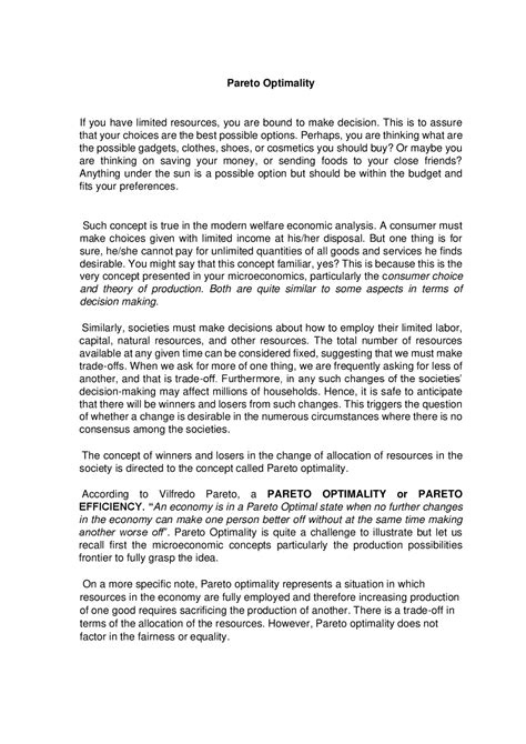Pareto Optimality Or Pareto Efficiency Docsity