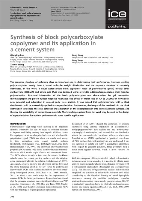 Pdf Synthesis Of Block Polycarboxylate Copolymer And Its Application In A Cement System
