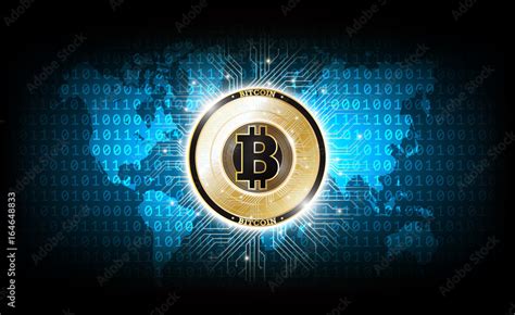 Golden Bitcoin Digital Currency On Binary Code World Map Futuristic Digital Money Technology