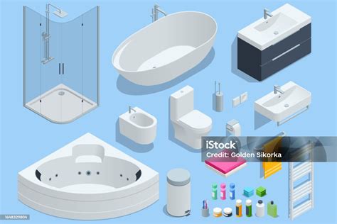 아이소메트릭 가구 요소 욕실 요소 샤워실 샤워기 욕조 변기 비데 및 온열 수건 레일 비데에 대한 스톡 벡터 아트 및 기타 이미지 Istock