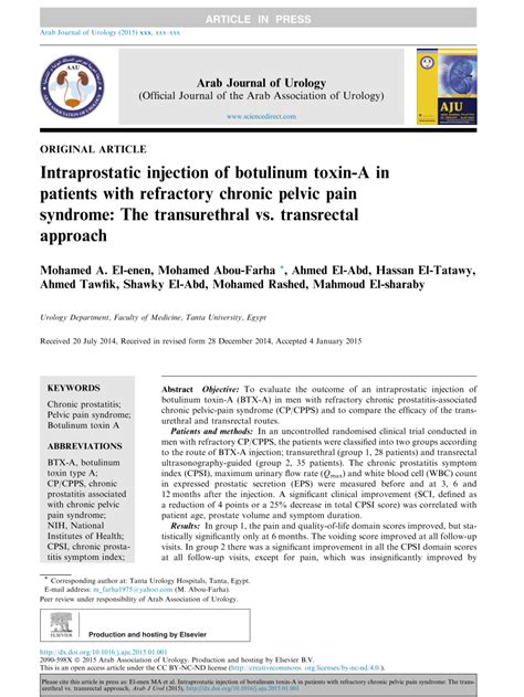 Pdf Intraprostatic Injection Of Botulinum Toxin A In Patients With Refractory Chronic Pelvic