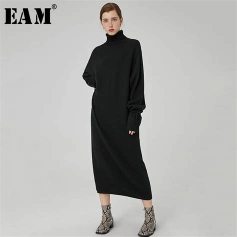 [eam] женское черное длинное вязаное платье большого размера новинка высокий воротник длинный