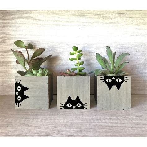 Set Of 3 Small Wood Cat Planters Black Cat Black White Home Decor