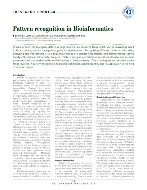 (PDF) Pattern recognition in Bioinformatics