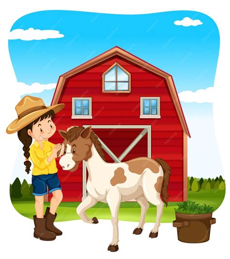 Escena De Granja De Niña Y Caballo Vector Premium
