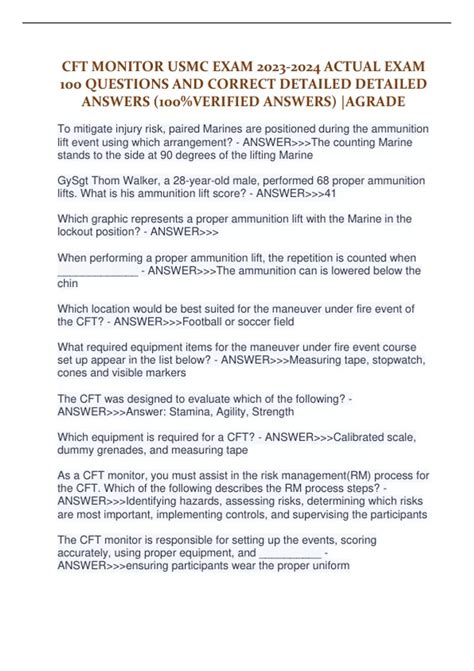 Cft Monitor Usmc Exam Actual Exam 100 Questions And Correct Detailed Detailed Answers 100