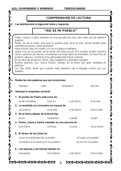 Hojas De Trabajo De Lectura De Tercer Grado Actividades Para La