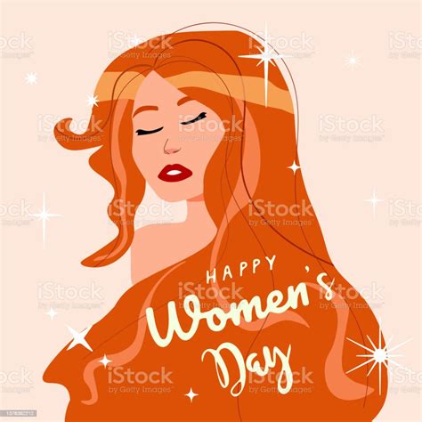 3월 8일 세계 여성의 날 긴 머리와 매력적인 행복한 소녀 카드 포스터 전단지 및 기타 사용자를 위한 벡터 템플릿 빨간 머리에