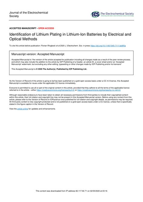 Pdf Identification Of Lithium Plating In Lithium Ion Batteries By Electrical And Optical Methods