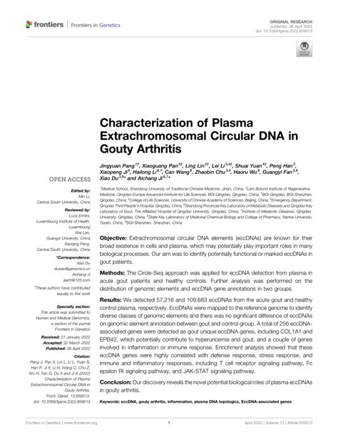Pdf Characterization Of Plasma Extrachromosomal Circular Dna In Gouty Arthritis