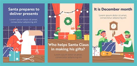 산타클로스가 사무실에서 엘프와 함께 일하는 만화 배너는 선물 목록을 읽고 아이들에게 선물을 준비합니다 일터에 대한 스톡 벡터 아트 및 기타 이미지 Istock