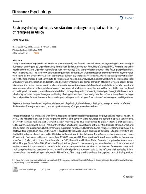 Pdf Basic Psychological Needs Satisfaction And Psychological Well Being Of Refugees In Africa
